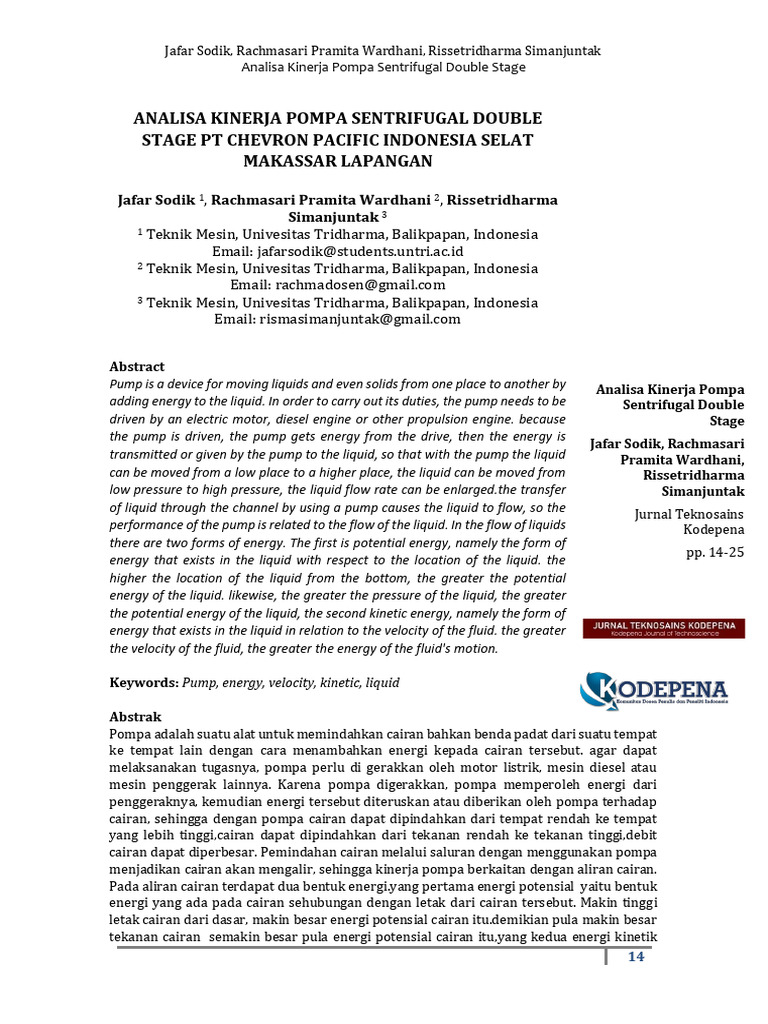 Kinerja Pompa Sentrifugal Double Stage | PDF