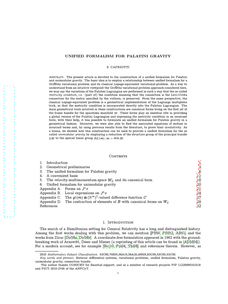 Unified formalism for Palatini gravity Capriotti | PDF | Calculus Of ...