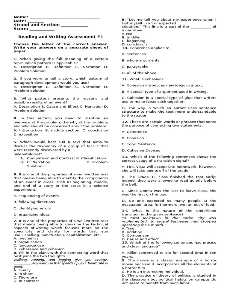 READINGWRITING-ASSESSMENT-1 | PDF