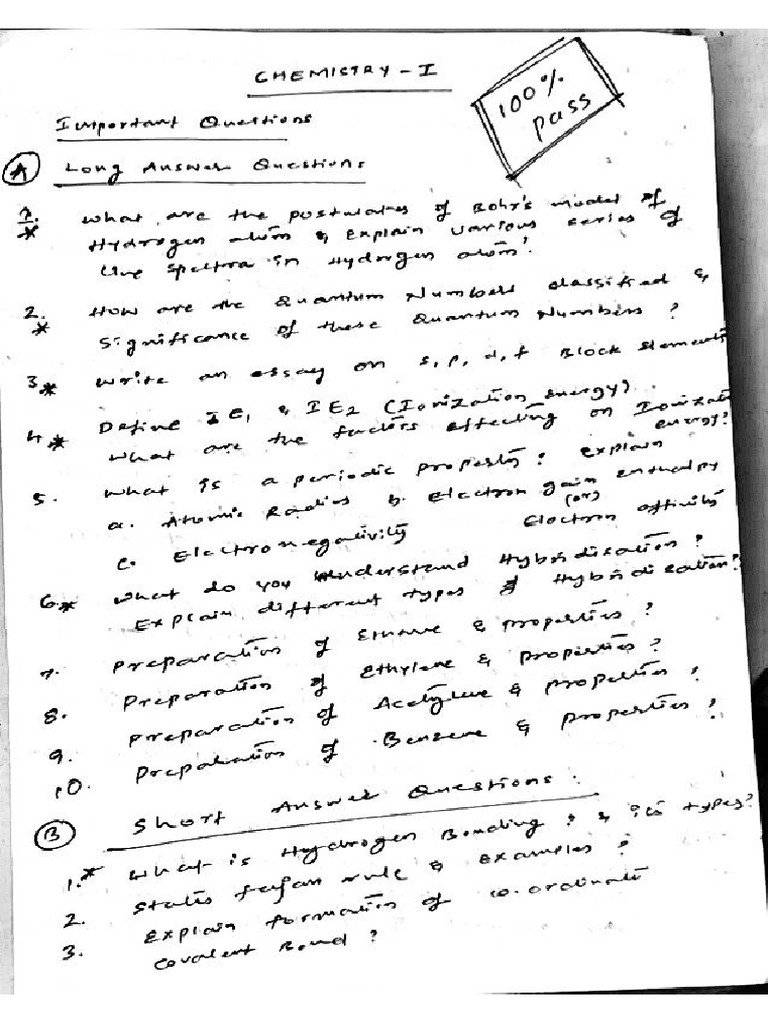 CHEMISTRY IMPORTANT QUESTIONS 1st Year | PDF