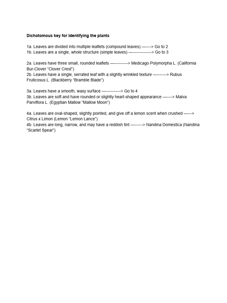 Dichotomous Key For Plants | PDF