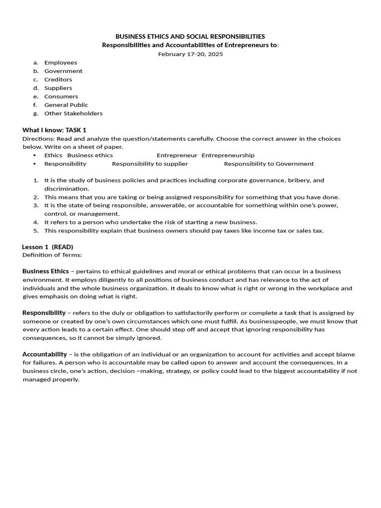 Business Ethics Activity Sheets 2ND Quarter Week 1 | PDF | Employment ...