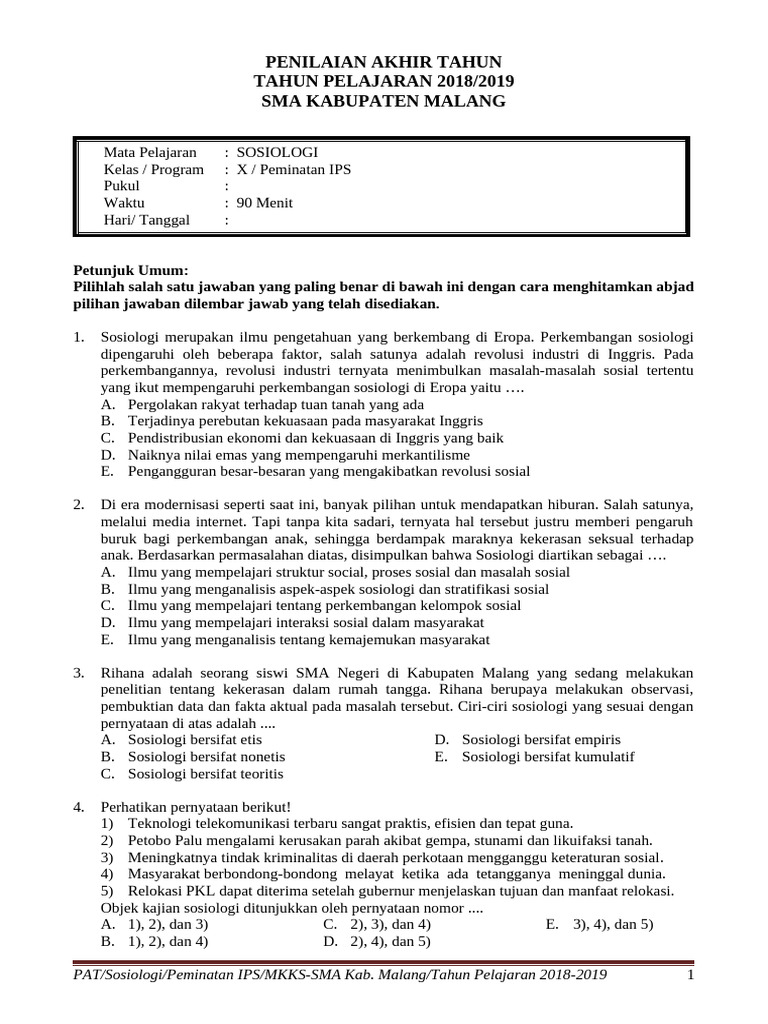 Kunci Soal Pat Sosio X Sem-2 Tahun 2018-2019 | PDF
