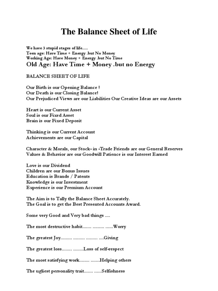 The Balance Sheet of Life | Download Free PDF | Balance Sheet ...