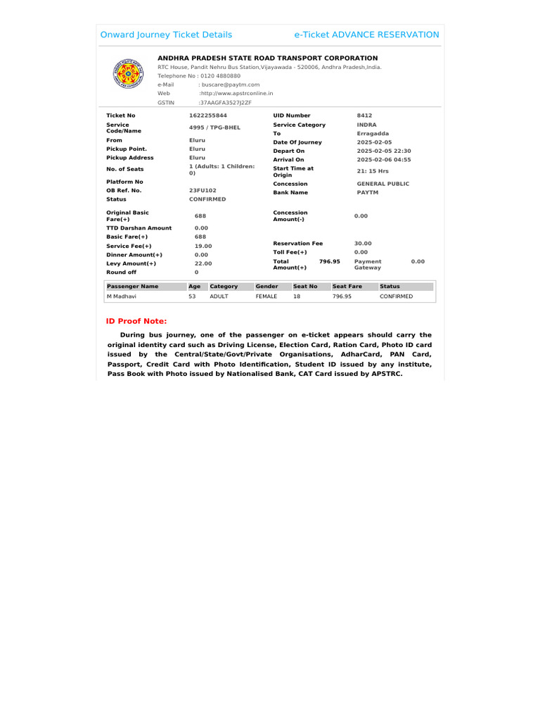 Eluru to Hyderabad Bus Ticket Confirmation | PDF | Fare