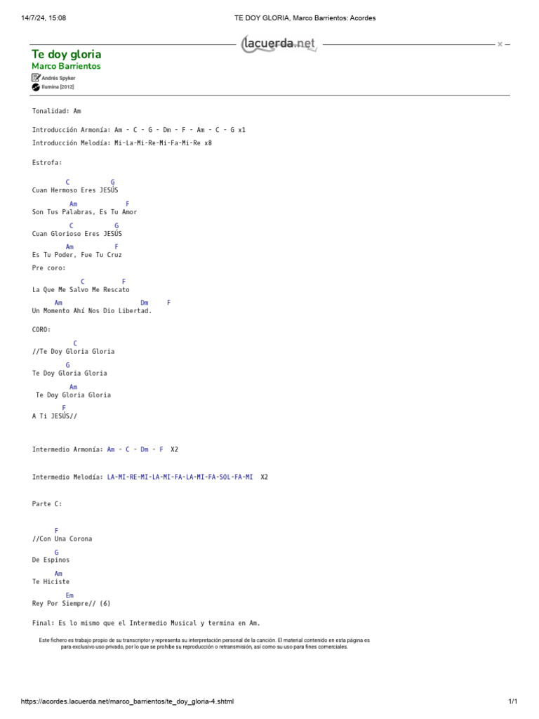 TE DOY GLORIA, Marco Barrientos - Acordes | PDF