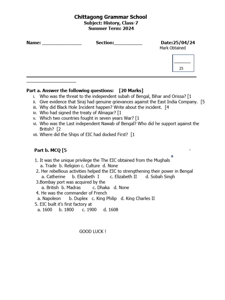 Summer Term History Test-2 (25.4.24) | PDF