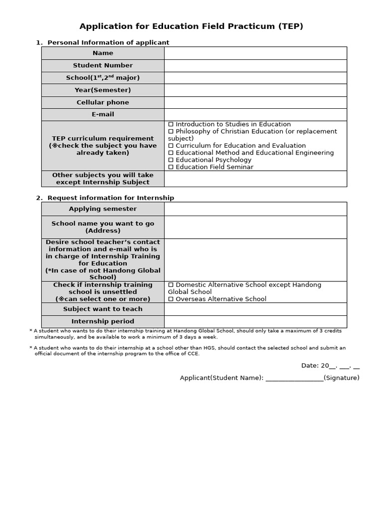 Application For Education Field Practicum (TEP) | PDF