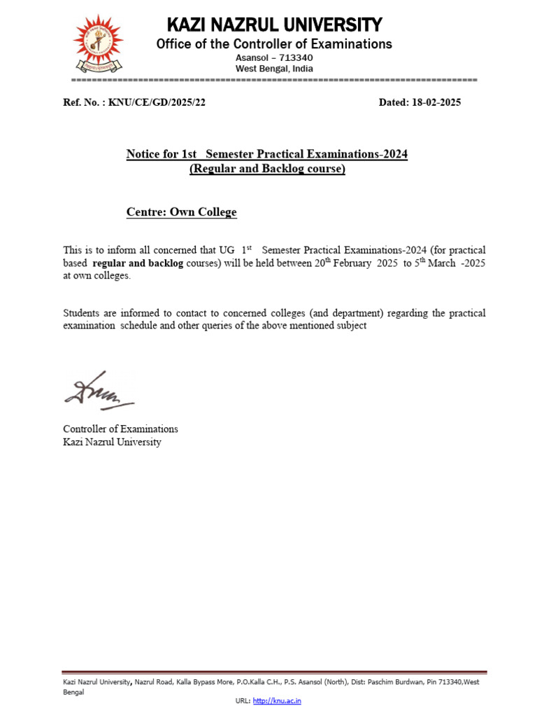 Notice For 1st Semester Practical Examinations-2024 (Regular and Backlog Course) | PDF