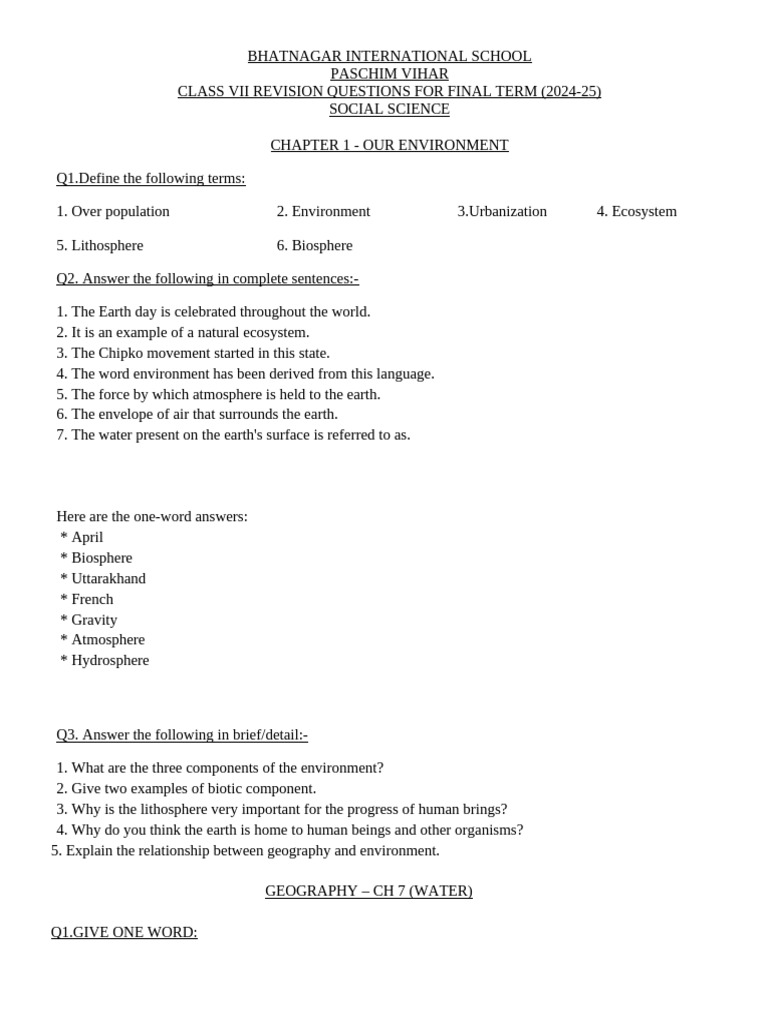 Class VII Social Science Revision Guide | PDF | Natural Environment | Earth