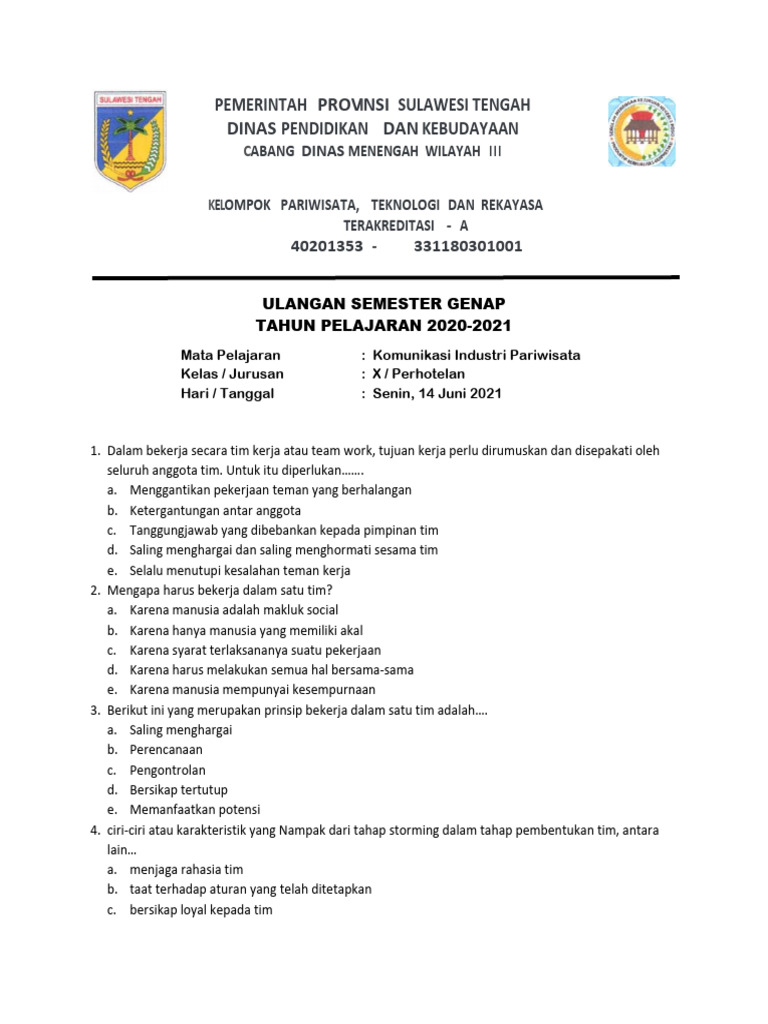 Ulangan Komunikasi Industri Pariwisata | PDF