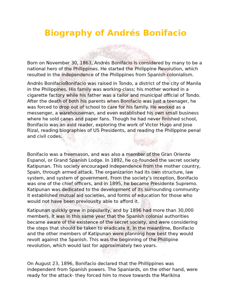 Andrés Bonifacio: Philippine Revolution Leader | PDF | Philippines ...