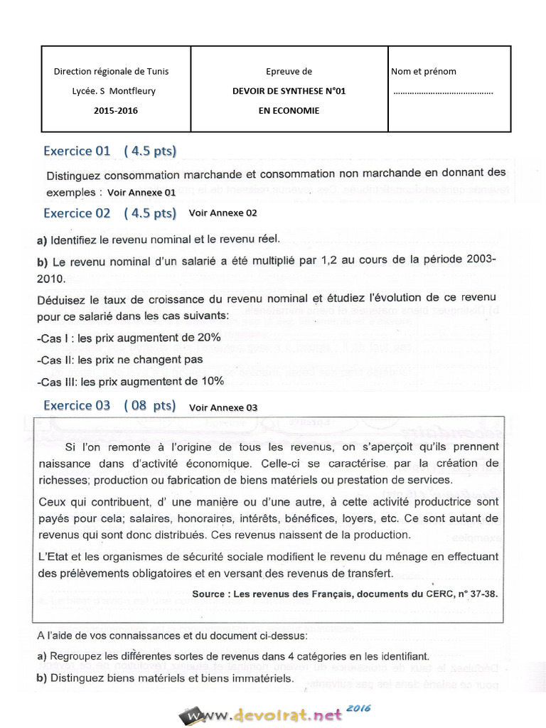 Devoir de Synthèse N°1 Avec Correction - Économie - 2ème Economie ...