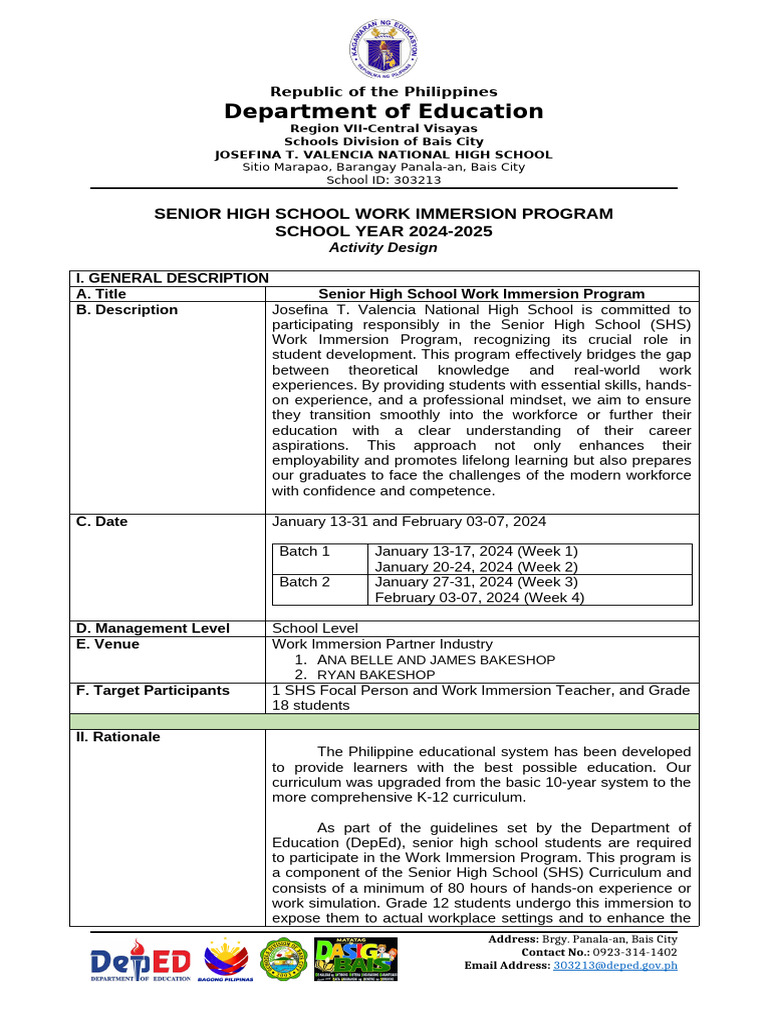 Activity Design SHS Work Immersion Program SY 2024-2025 (1) | PDF ...