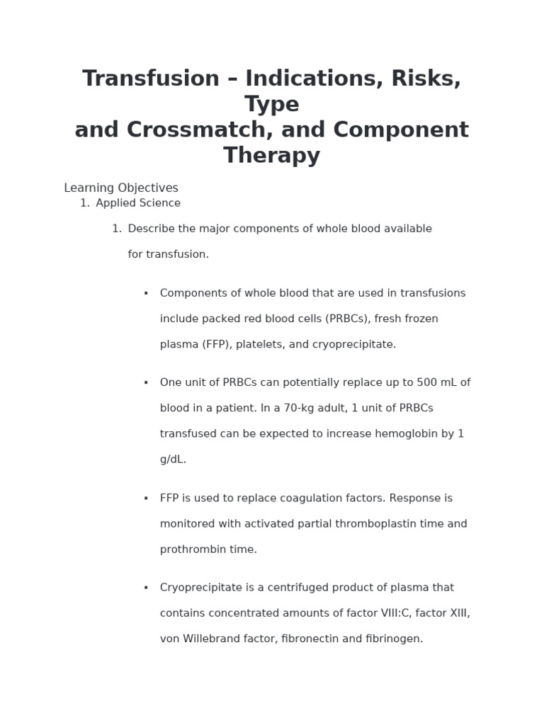 Transfusion - Indications Risks Type and Crossmatch and Component ...