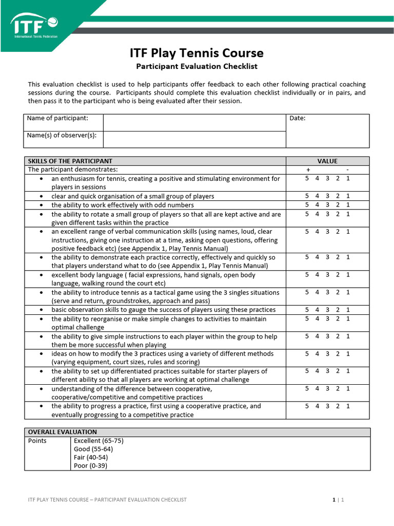 Itf Play Tennis Course - Participant Evaluation Checklist Eng-V1 | PDF | Cognitive Science ...