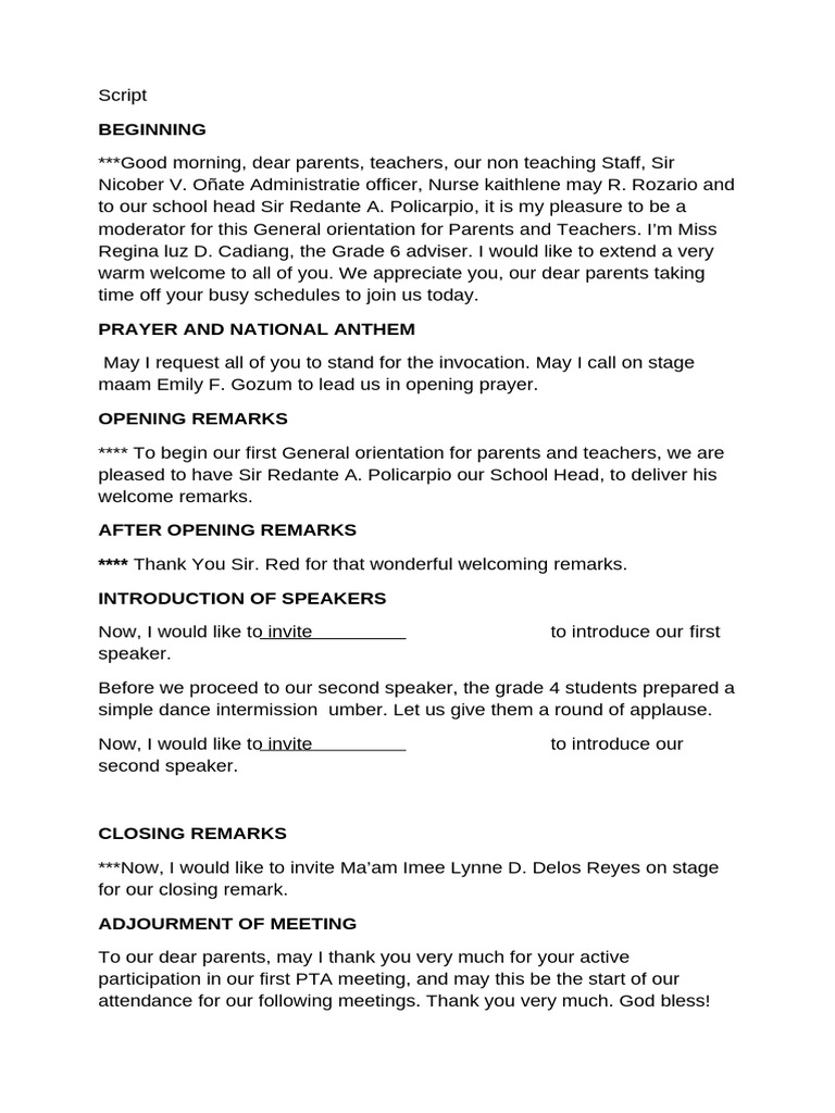 Script PTA MEETING | PDF