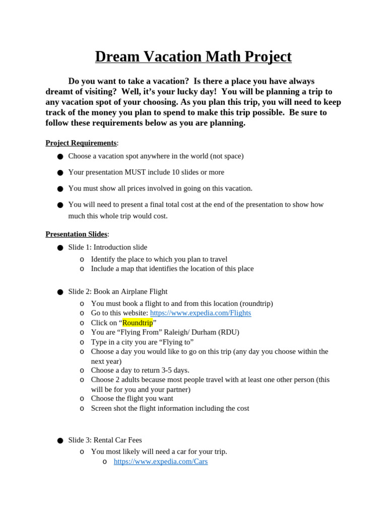 Dream Vacation Math Project | PDF | Menu | Restaurants