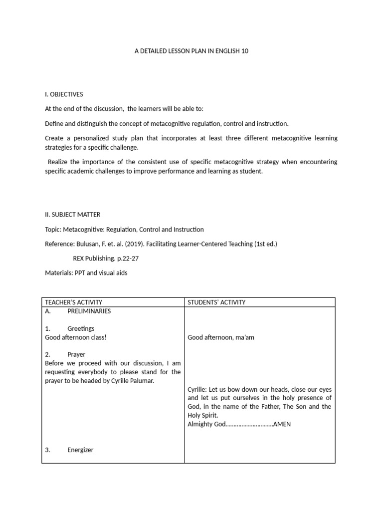 A DETAILED LESSON PLAN IN FACILITATING LEARNE1 (2) | PDF | Metacognition | Learning