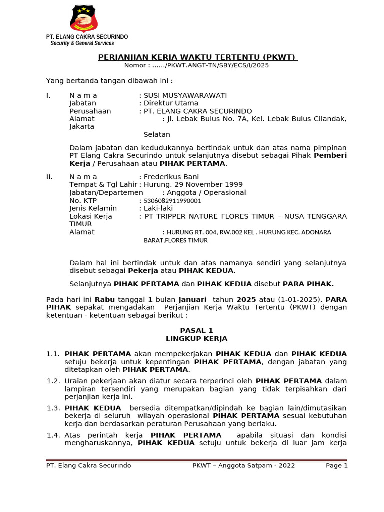 10. Pkwt Frederikus Bani | PDF