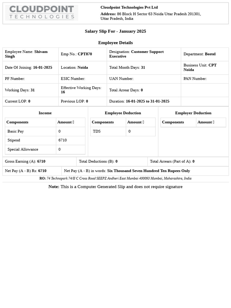 January 2025 Salary Slip for Shivam Singh | PDF