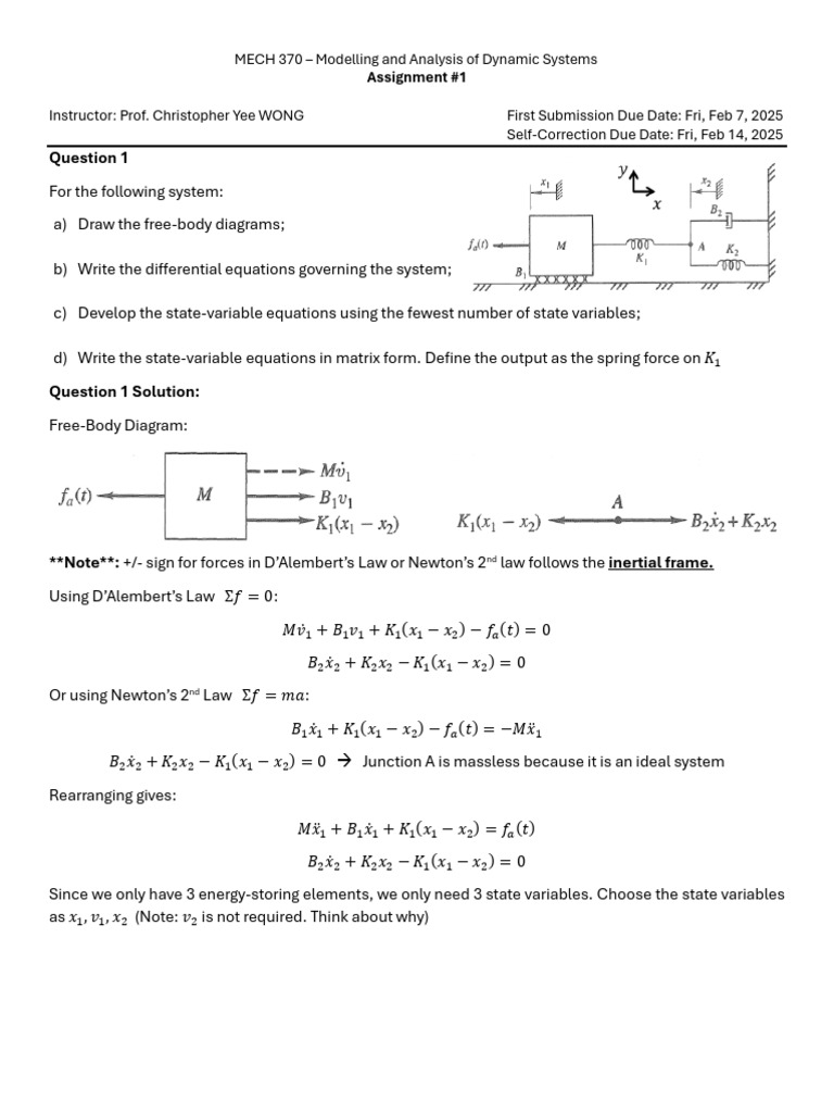 MECH370 Assignment 1 Solution | PDF | Force | Equations