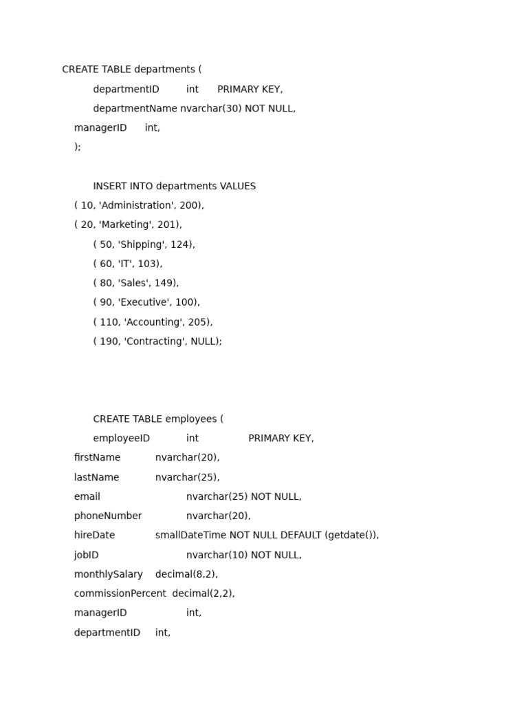 CREATE TABLE Departments and Employees | PDF | Data Management | Sql
