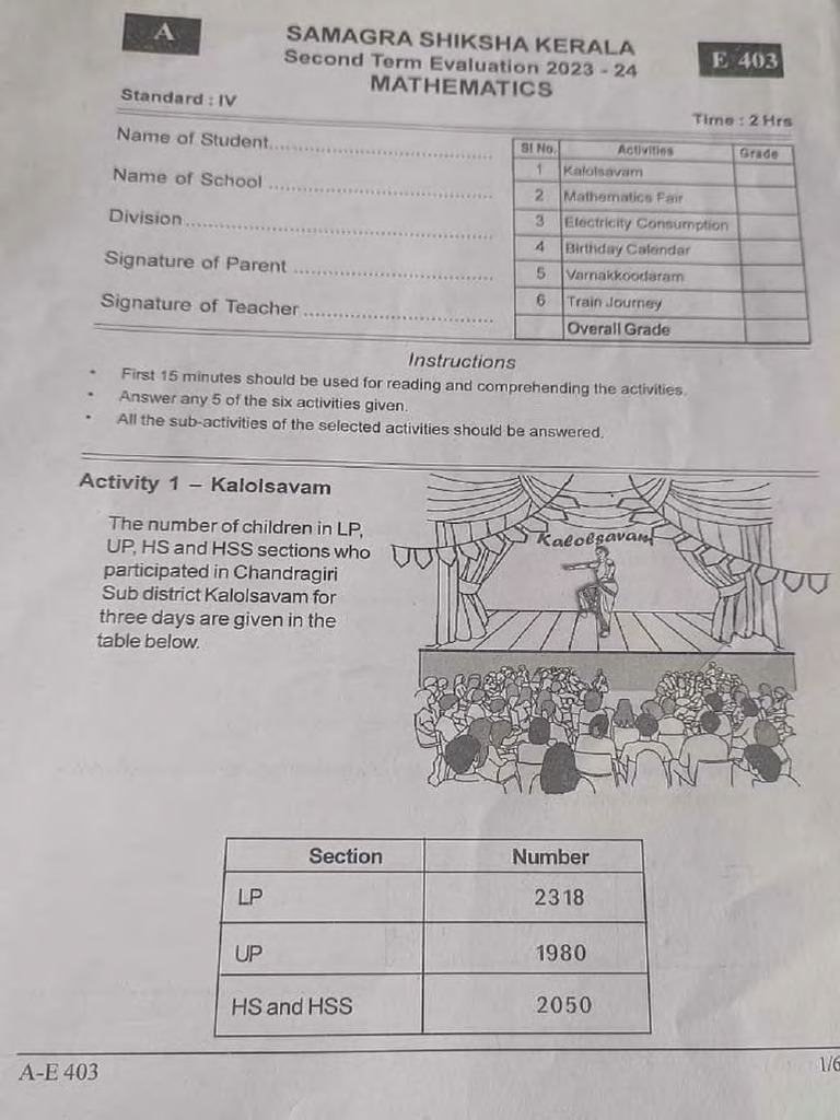 Kerala 4th STD Mid Term Exam Question Paper 2023 MATHS (EM) | PDF