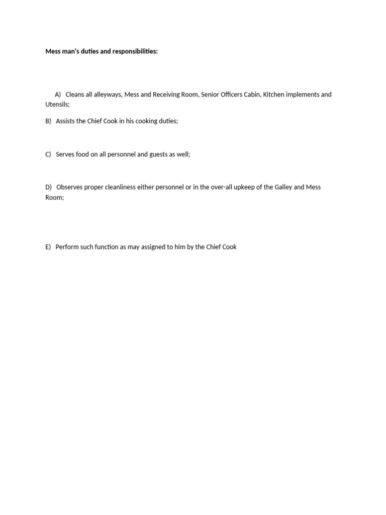 Mess Man Duties and Responsibilities | PDF