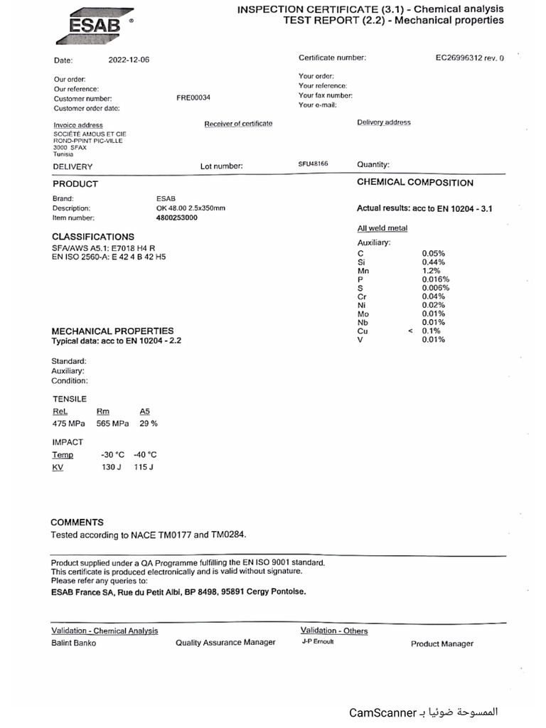 Electrodes 7018 Certificate 2.5mm | PDF