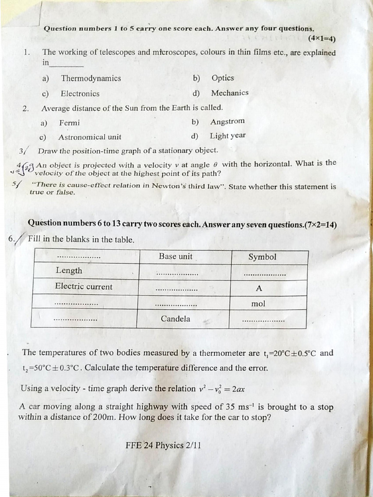 Kerala Plus One First Term Onam Exam Question Paper 2019 - Physics | PDF