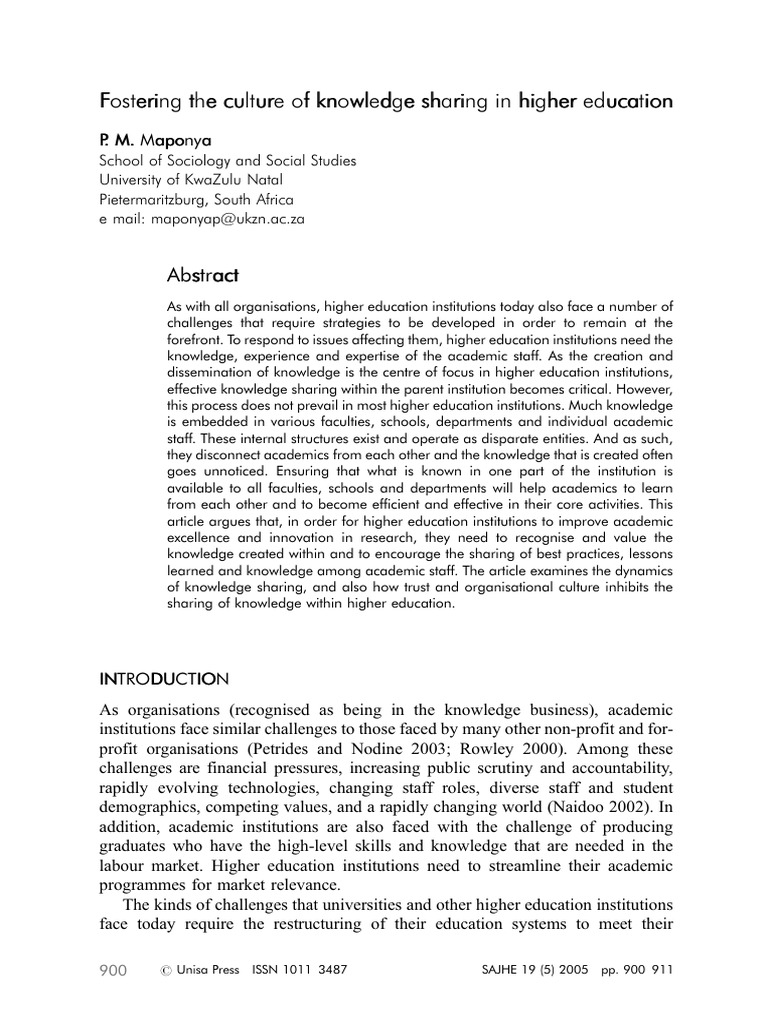 maponya-2005-fostering-the-culture-of-knowledge-sharing-in-higher-education | PDF | Knowledge ...