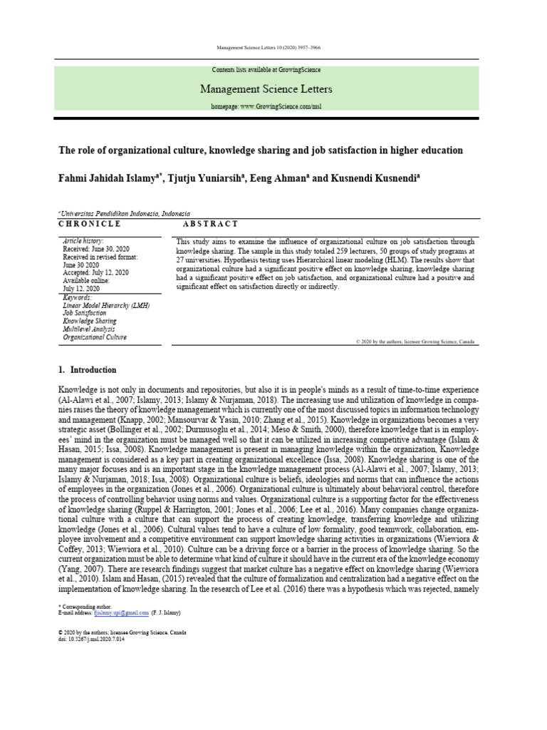 The Role of Organizational Culture Knowledge Shari | PDF | Job Satisfaction | Knowledge