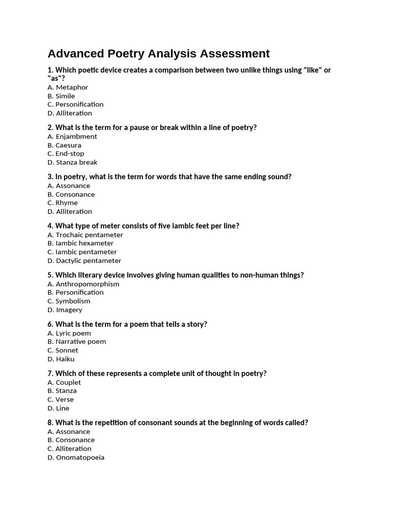 Advanced Poetry Analysis Quiz | PDF | Poetry | Metre (Poetry)
