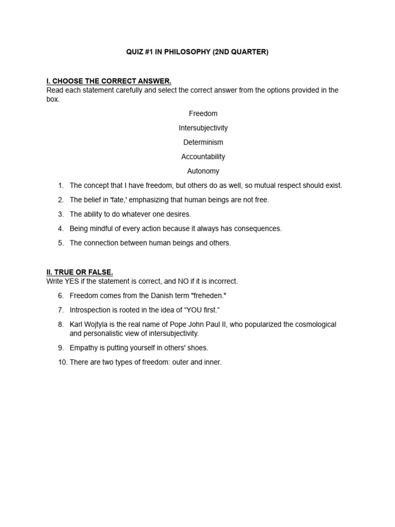 QUIZ 1 PHILO (Second Quarter) | PDF | Determinism | Liberal Arts Education