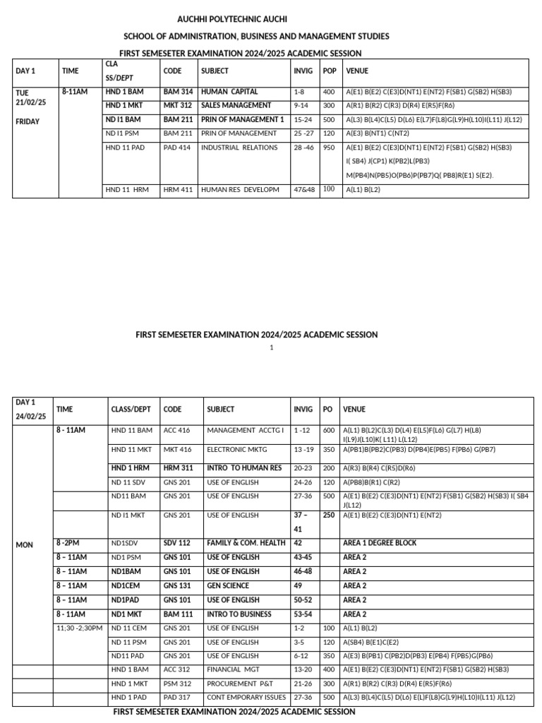 Examination Time Table | PDF