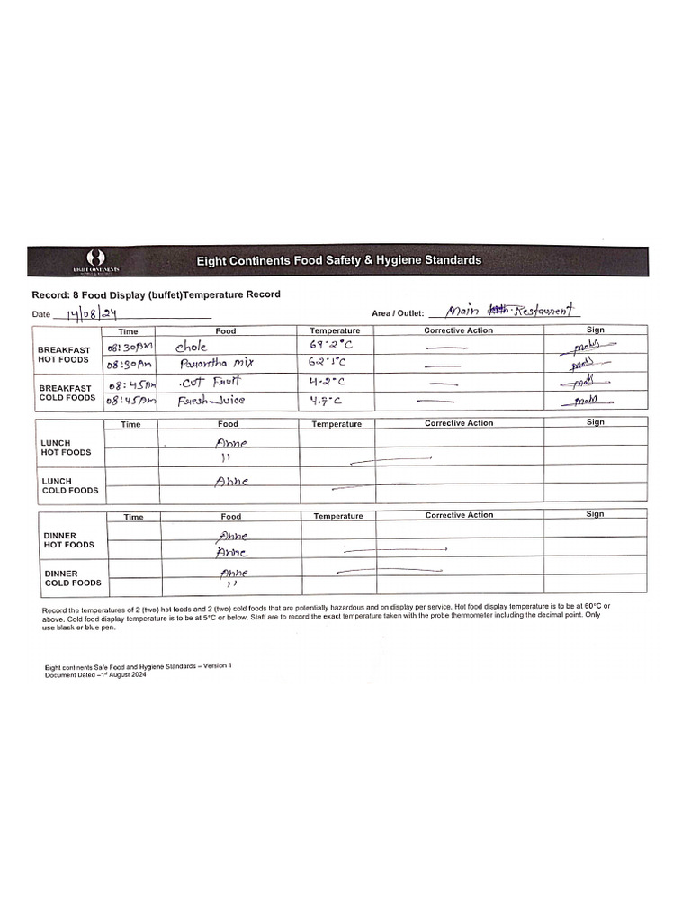 Record No 8 Food (Buffet) Display Temperature Record | PDF