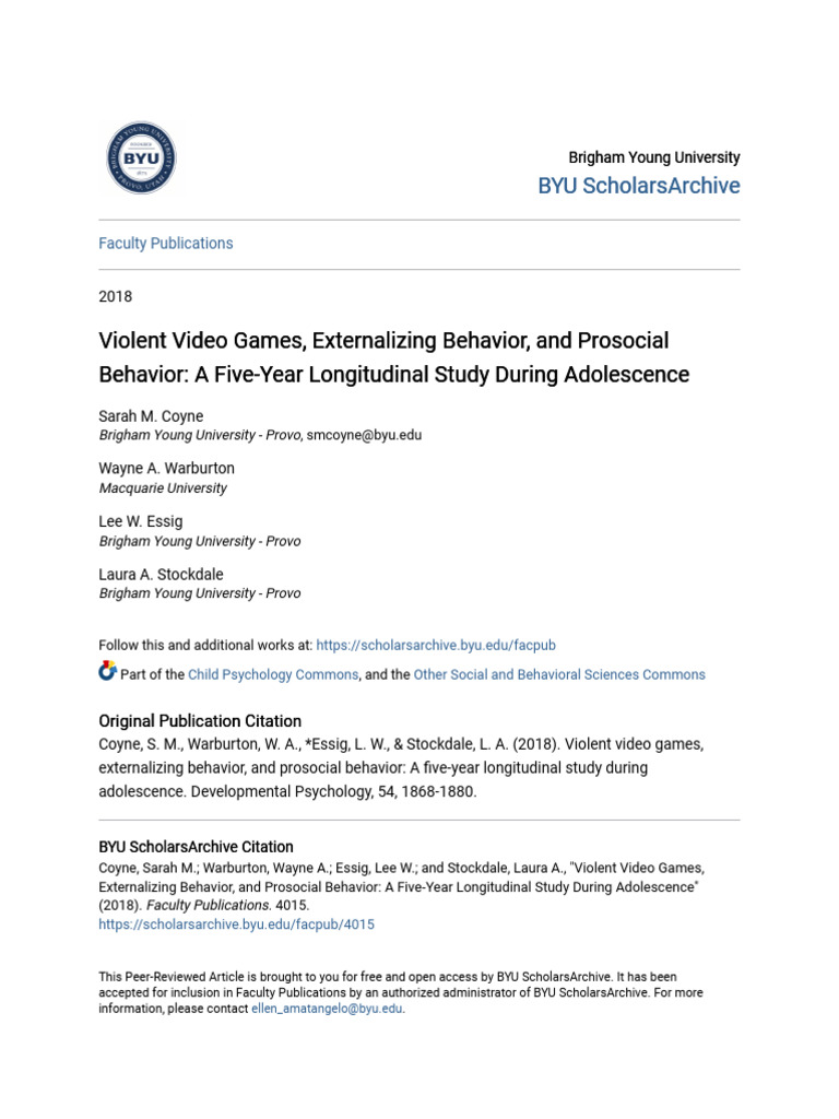 Violent Video Games Externalizing Behavior and Prosocial Behavi | PDF ...