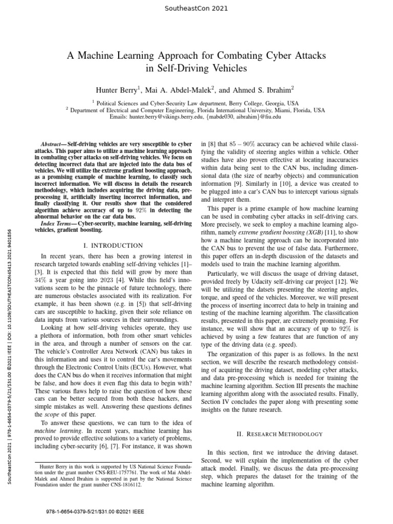 A Machine Learning Approach For Combating Cyber Attacks in Self-Driving Vehicles | PDF | Machine ...