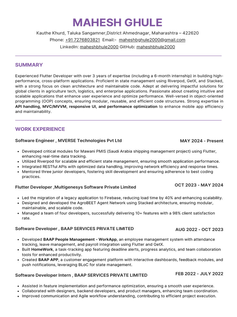 Mahesh Ghule Flutter Dev Pdf Software Development Object Oriented Programming