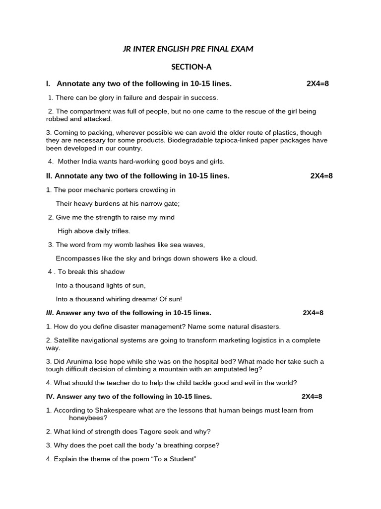 JR INTER ENGLISH PRE FINAL EXAm 3 MPC | PDF | Syntax | Grammar