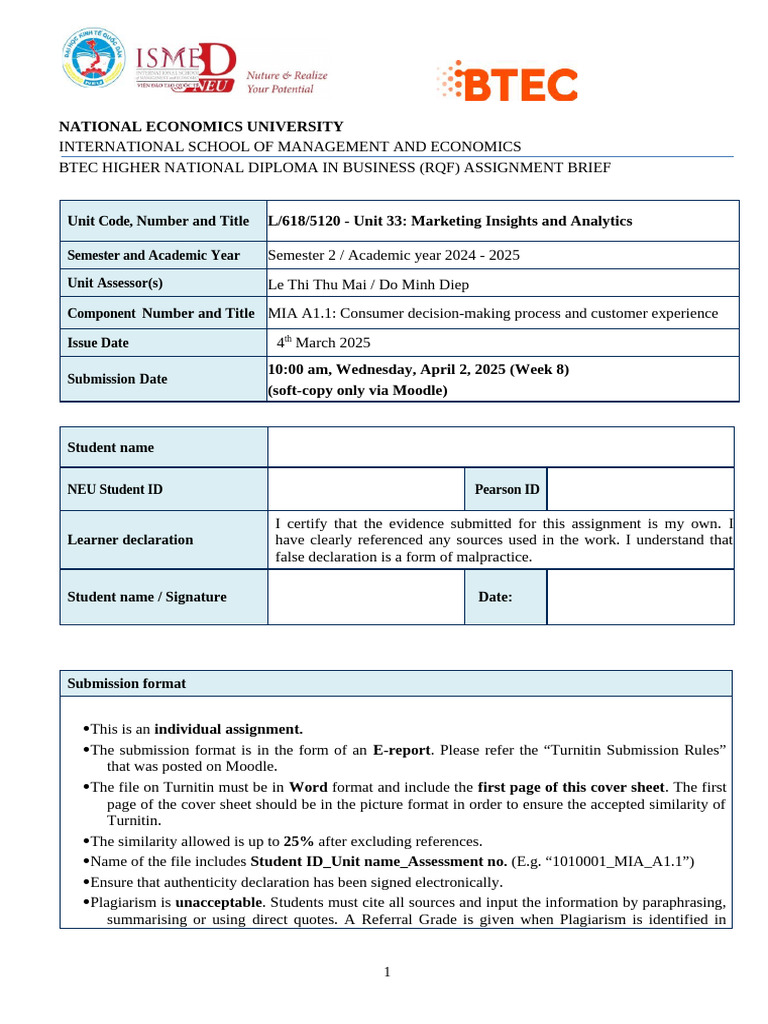 MIA 1. Assignment Brief - A1 - Feb 2025 | PDF | Marketing | Turnitin