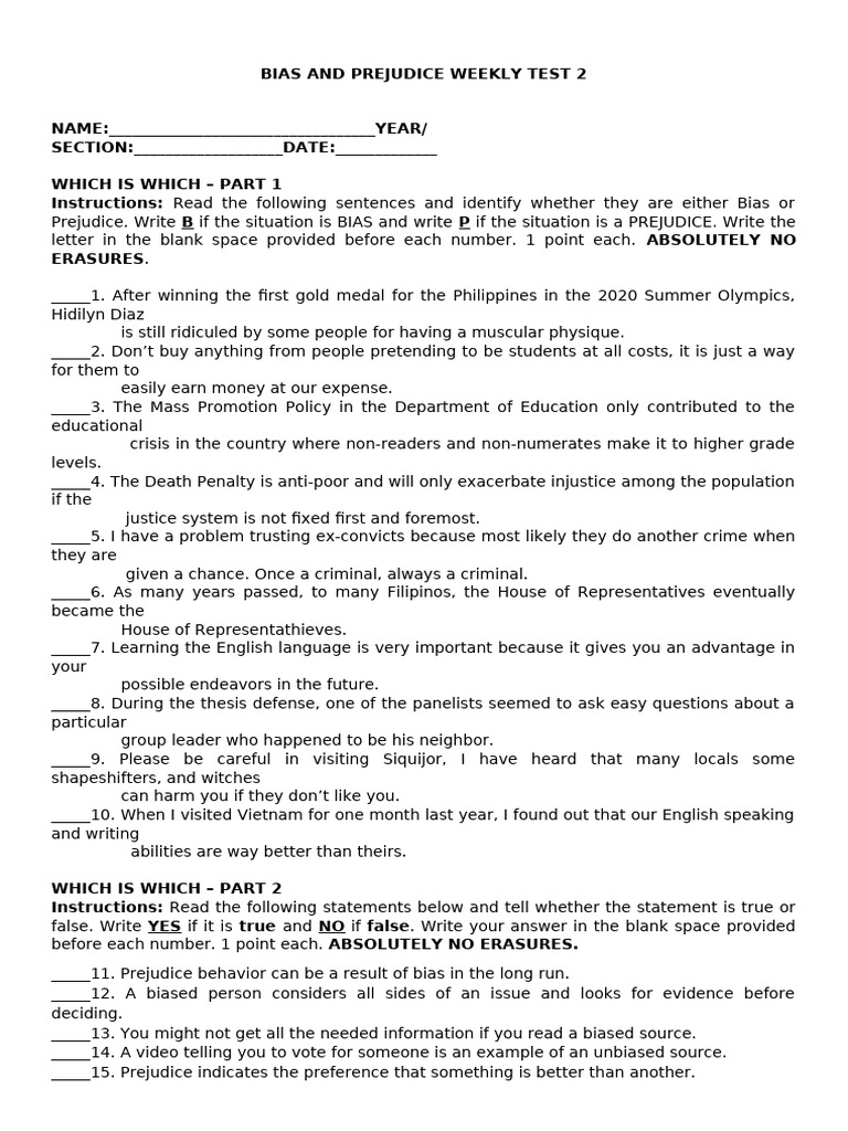 Bias vs. Prejudice Weekly Test | PDF | Bias | Psychological Concepts