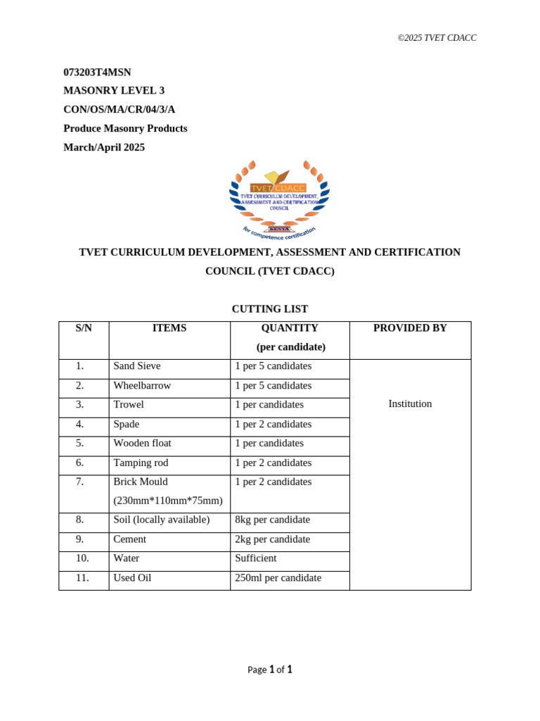 Cutting List Produce Masonry Units Level 3 | PDF