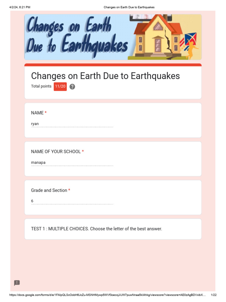 Earthquake Impact on Earth's Changes | PDF | Standardized Tests | Tests