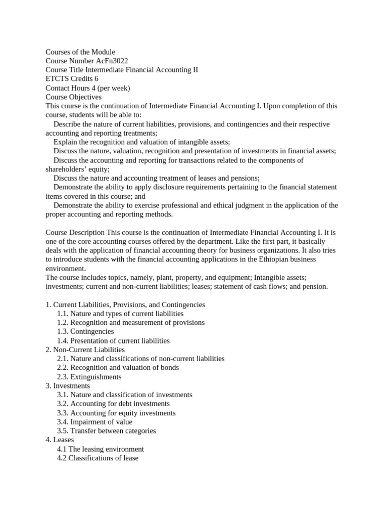Course outline Intermediate financial accounting 2 | PDF | Financial ...