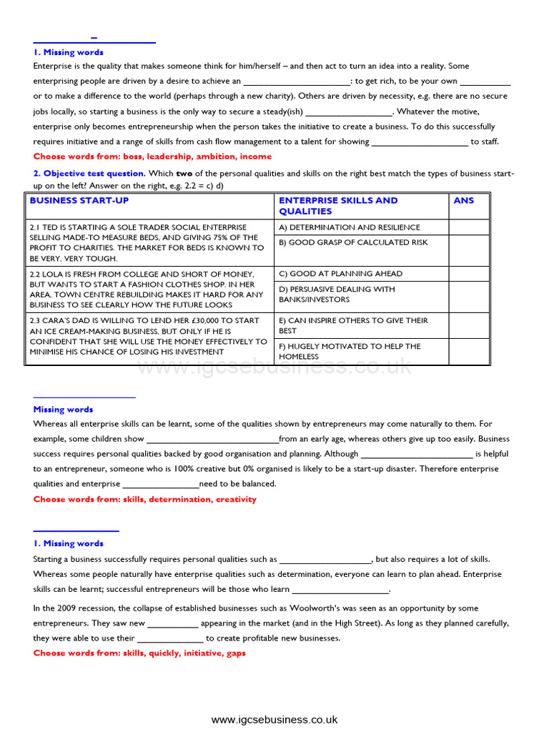 Enterprise Worksheet | PDF | Entrepreneurship | Economies