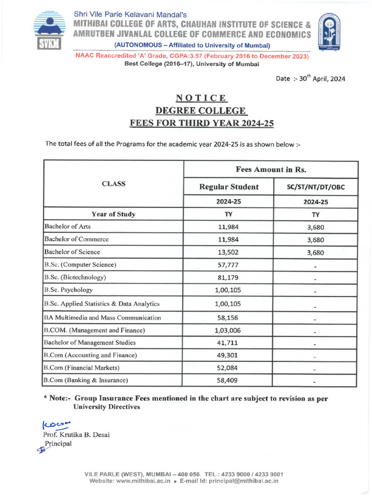 TY Fee Chart 2024 25 | PDF