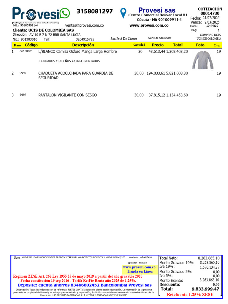 Ucis de Colombia - Dotacion - Provesi | PDF