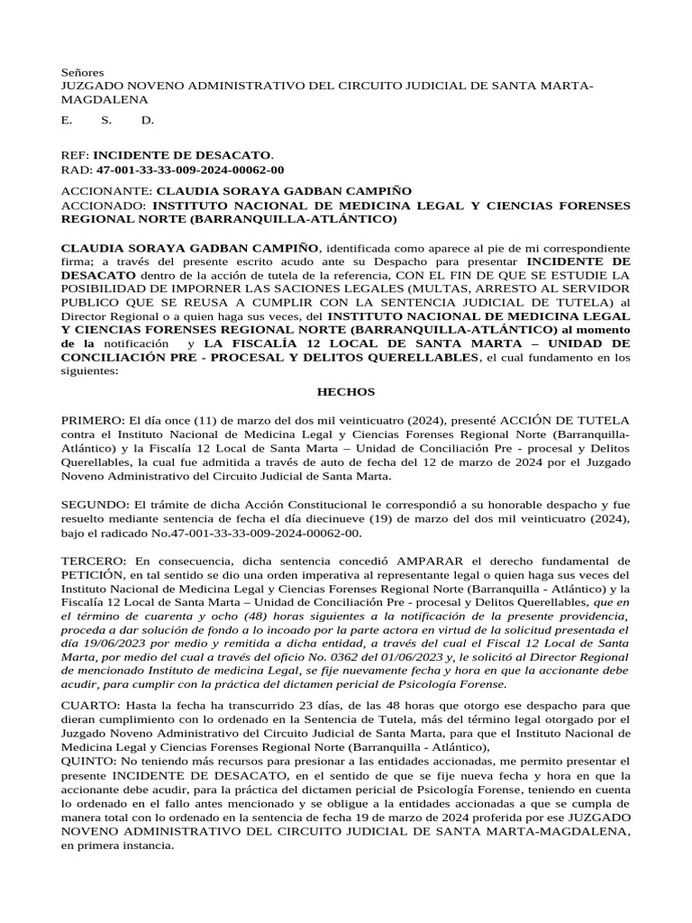 Incidente de Desacato en Acción de Tutela | PDF | Jurisprudencia médica ...